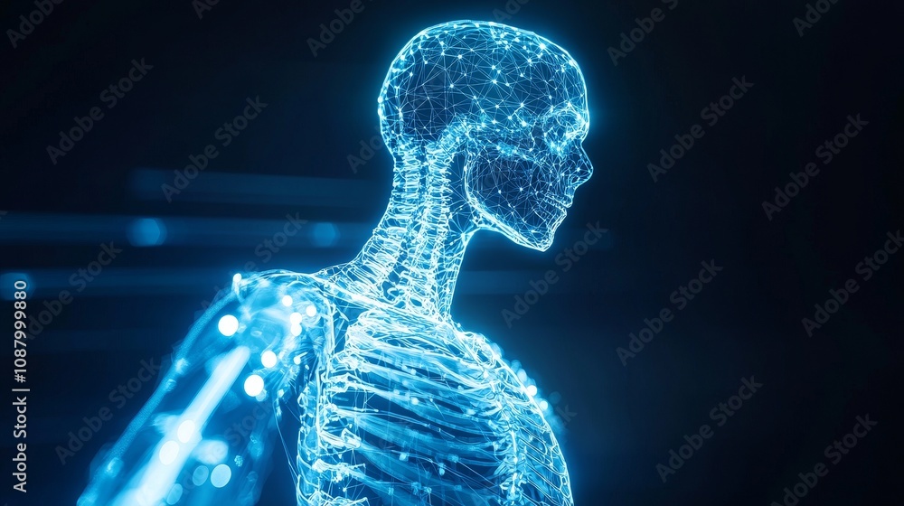 Human skeletal system hologram, detailed neon blue lines and joints ...