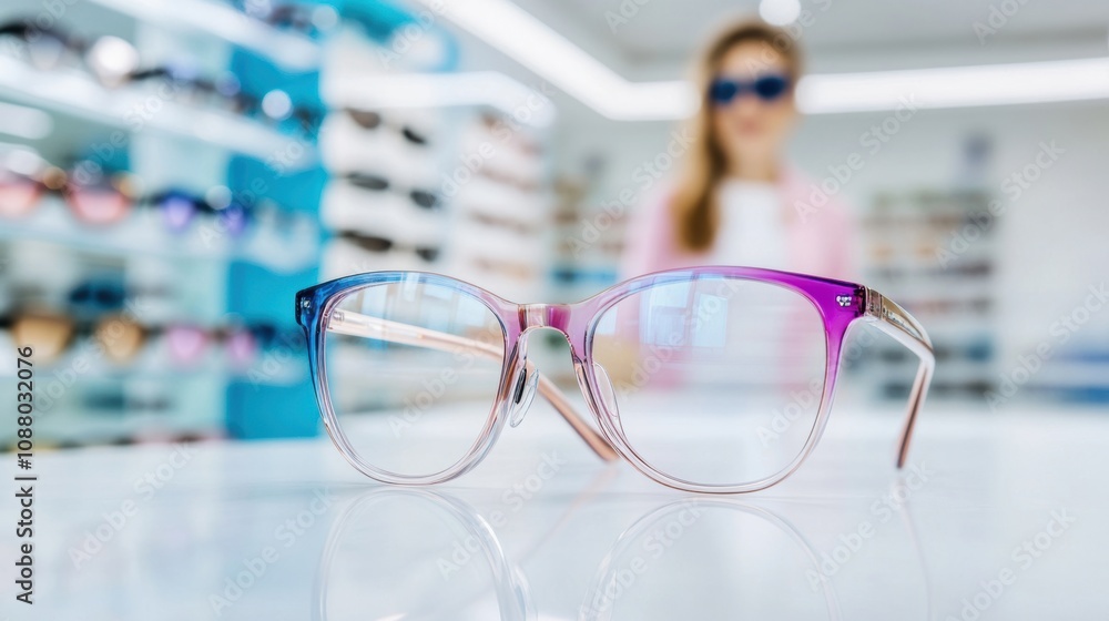 Colorful eyeglasses rest on a desk while a woman examines options in ...