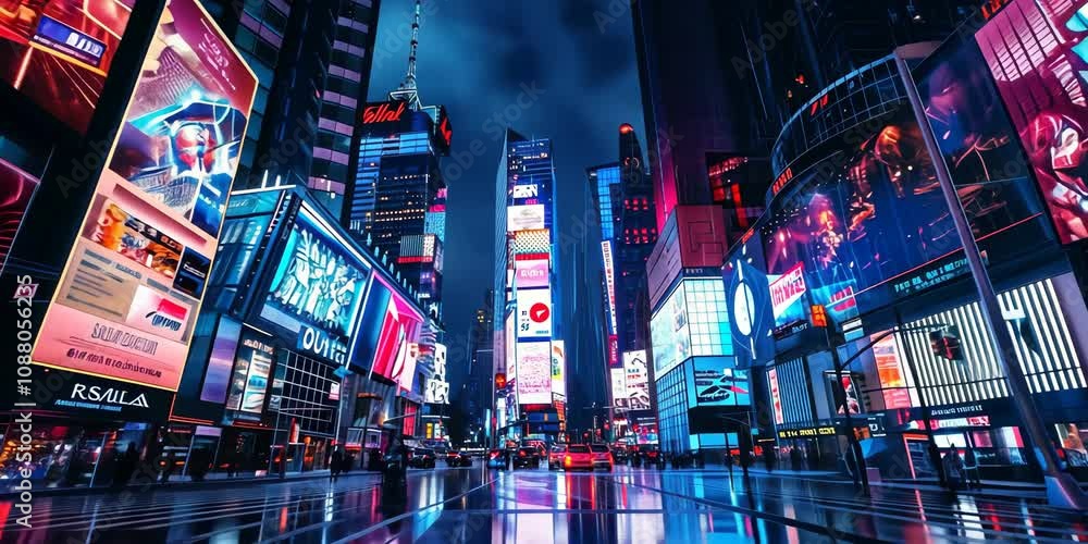 Sci-fi city horizon illuminated by digital billboards, 4K Video Stock ...