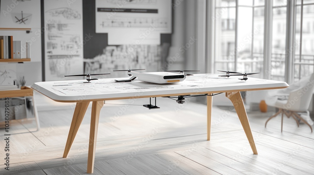 Architectural office table featuring a drone delivery model and ...