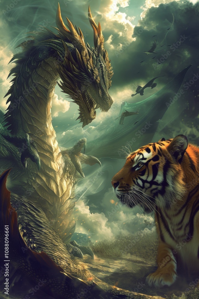 Mythical dragon emerging from stormy clouds confronting majestic tiger ...