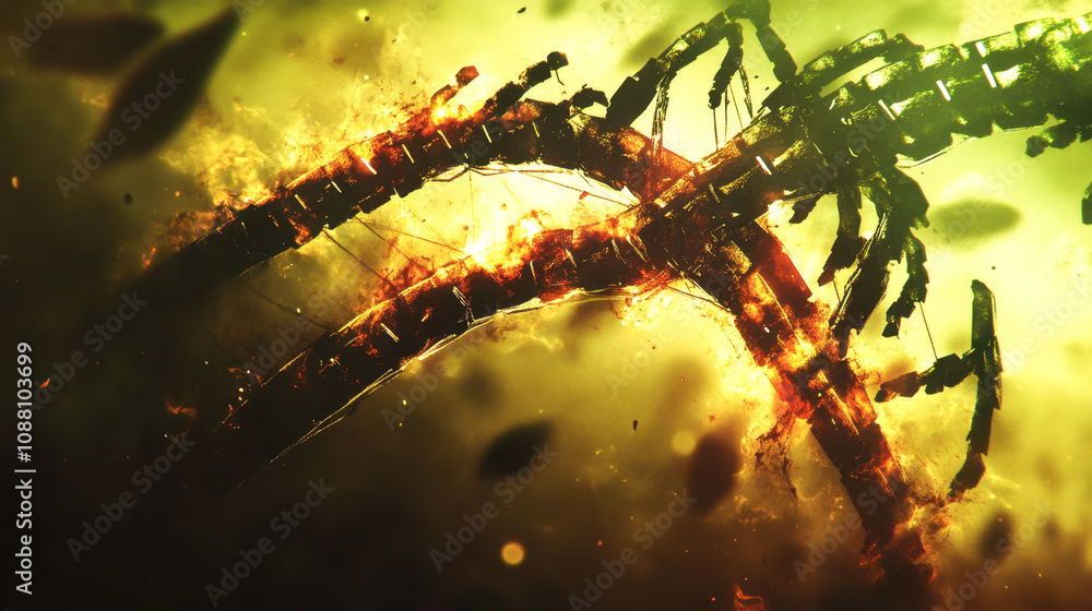 A close up of a green and yellow image of a twisted, fiery looking ...