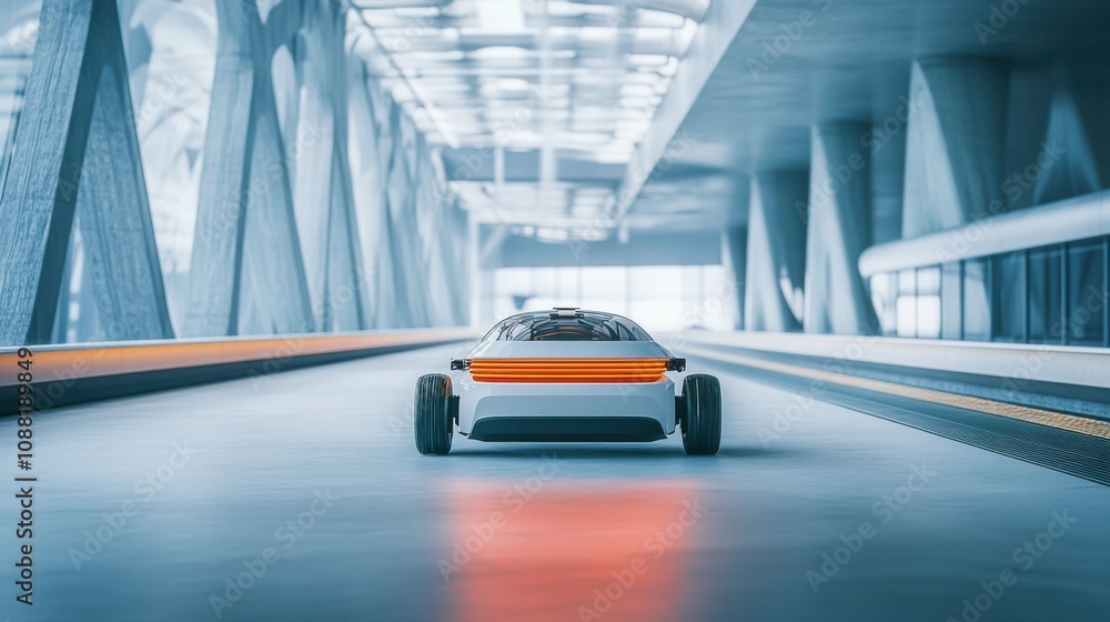 A robot guiding autonomous vehicles in a futuristic transportation hub ...