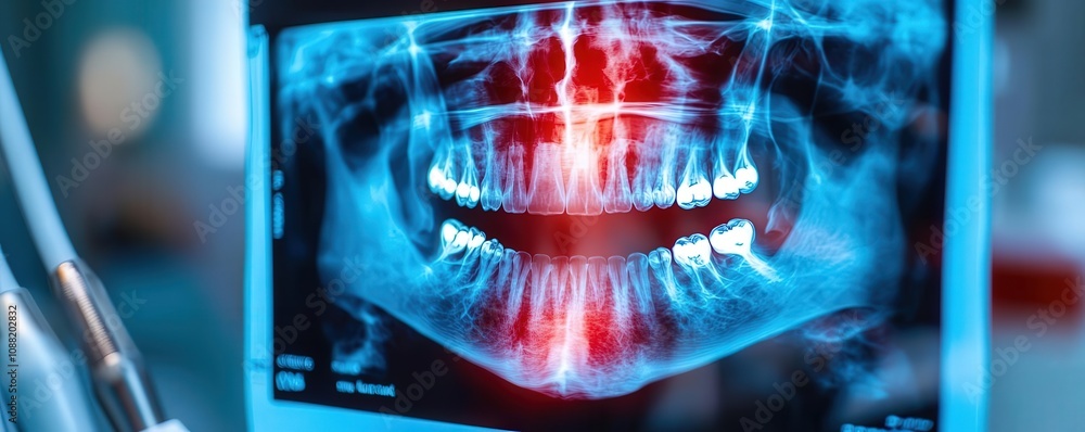 A dental X-ray showing a detailed view of teeth and jaw, highlighting ...