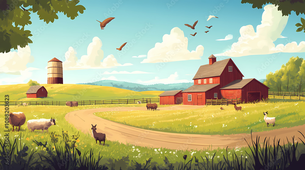 Rustic farmhouse scene: illustrate a rustic farmhouse scene with barns ...
