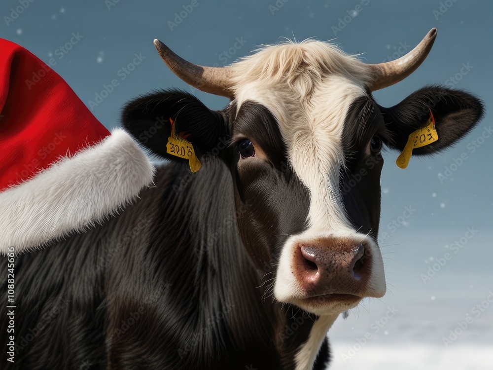 portrait of a cow in a christmas hat,christmas bull terrier,santa claus ...
