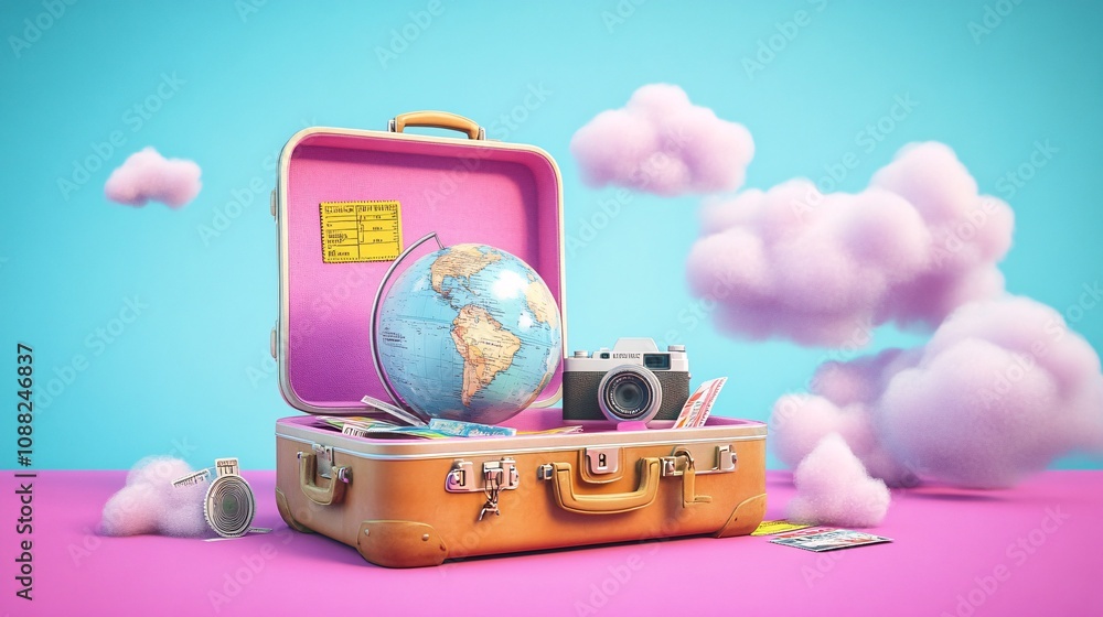 2410_129.cheerful vacation packing visual, open suitcase with travel ...