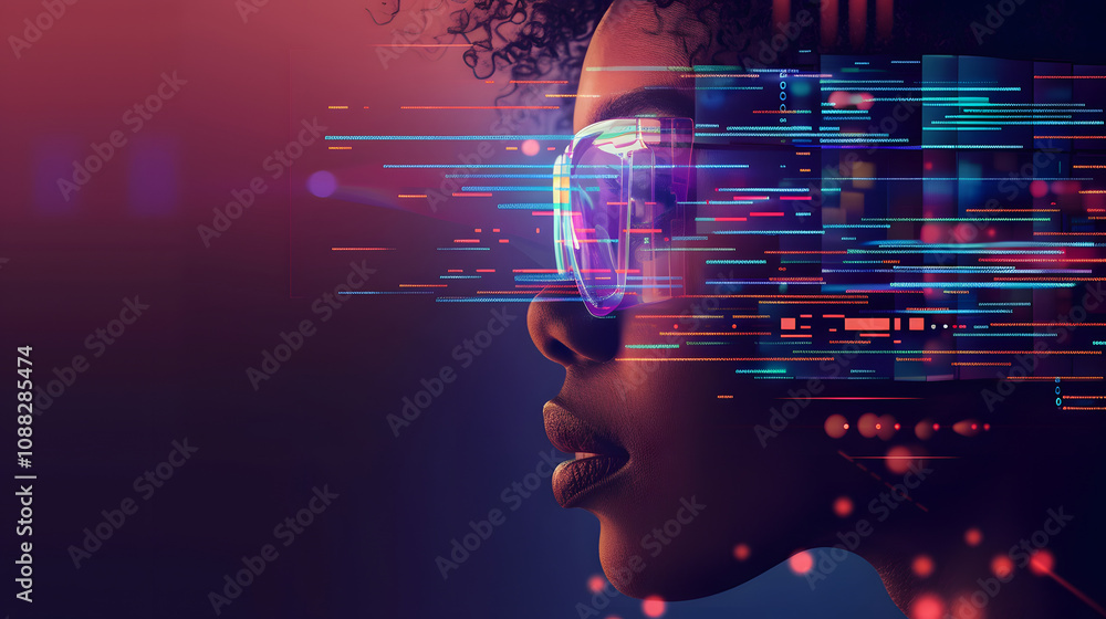AI cyber security threat illustration, black african american female IT ...
