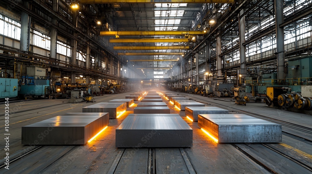 Fiery metal blocks cooling down after intense metalworking processes in ...