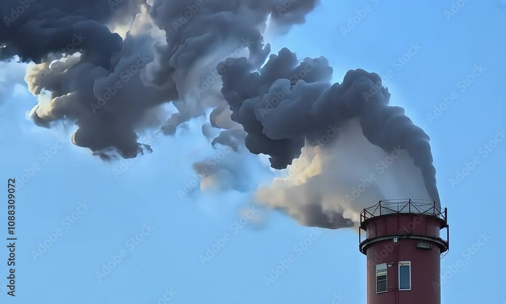 Dark smoke plume emerges from a red industrial chimney against a clear ...