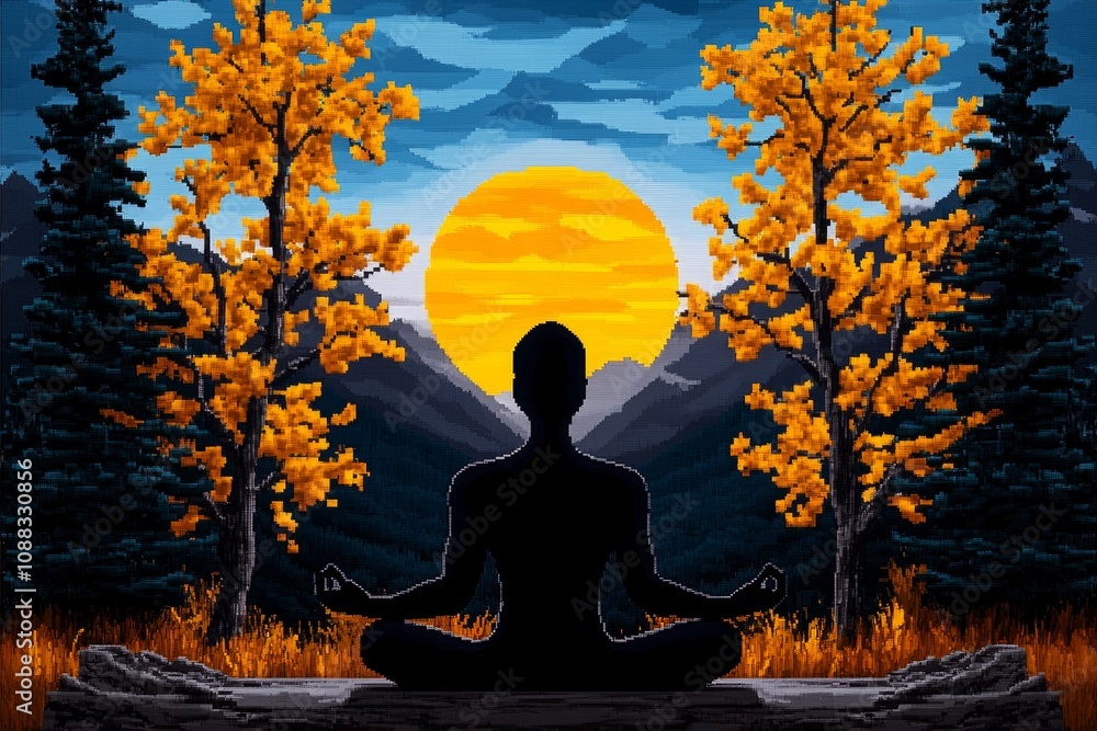 Pixel art of a person meditating in a pixelated nature scene, with ...
