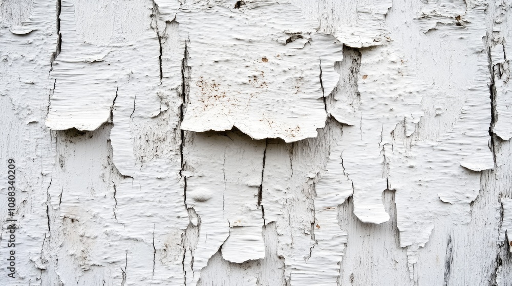 Textured surface of weathered white paint peeling from wood, revealing ...