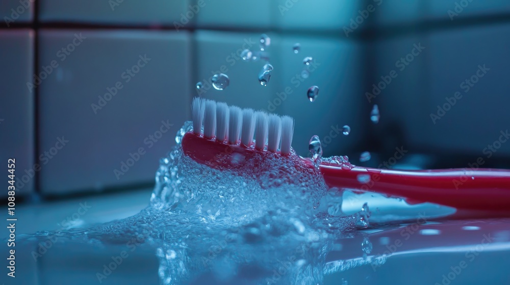 Bright red toothbrush rinsed under running water, surrounded by ...