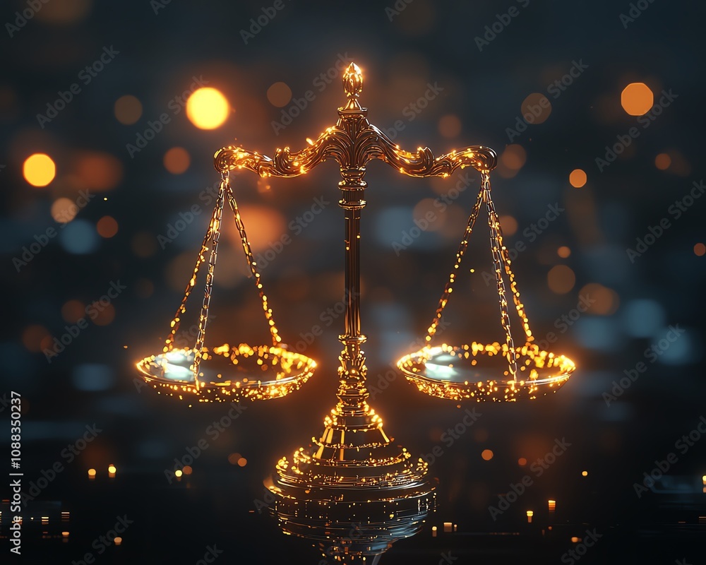 A glowing balance scale with golden accents, suspended in a digital ...