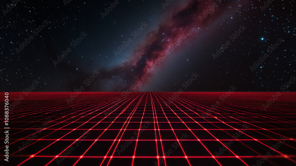A red laser grid slopes down against a starry night sky. A bright ...