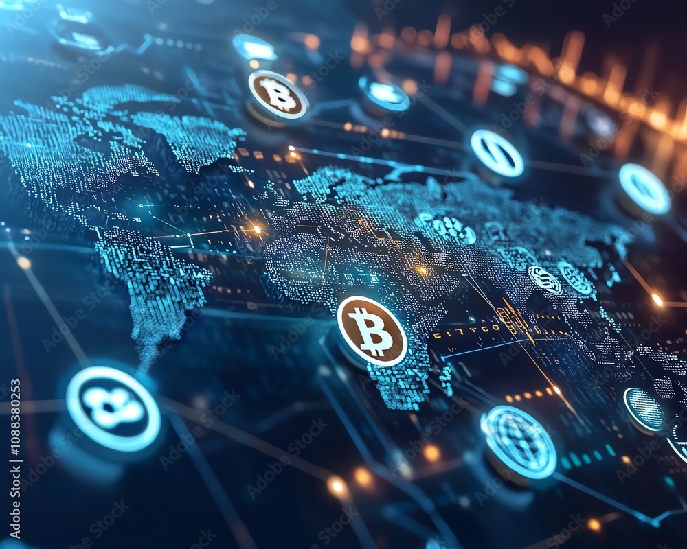 Holographic planet digital diagram illustrating global fintech ...