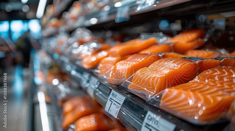The image showcases a neatly organized display of packaged salmon ...