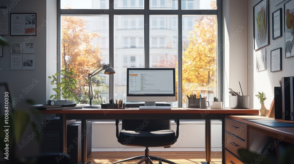 Cartoon illustration of office work desk near wide glass window ...