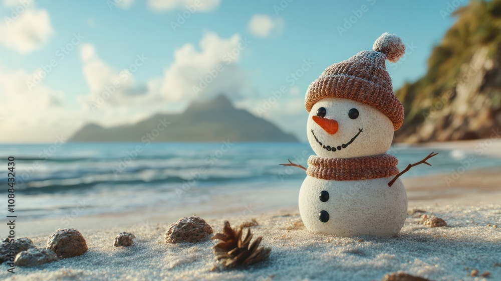 Cute snowman made of sand in winter hat and cap standing on tropical ...