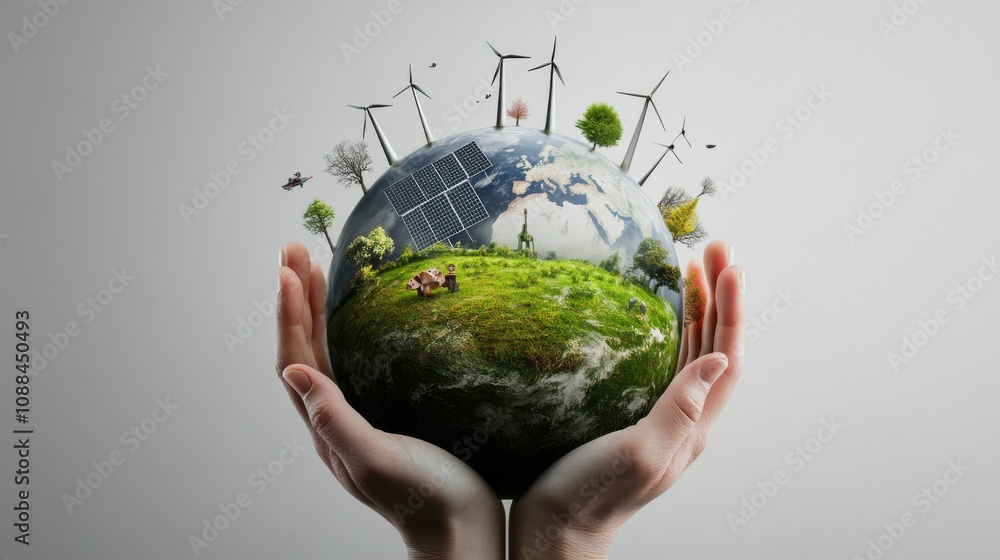 Hand holding a globe full of wind turbines, solar cells, clean energy ...