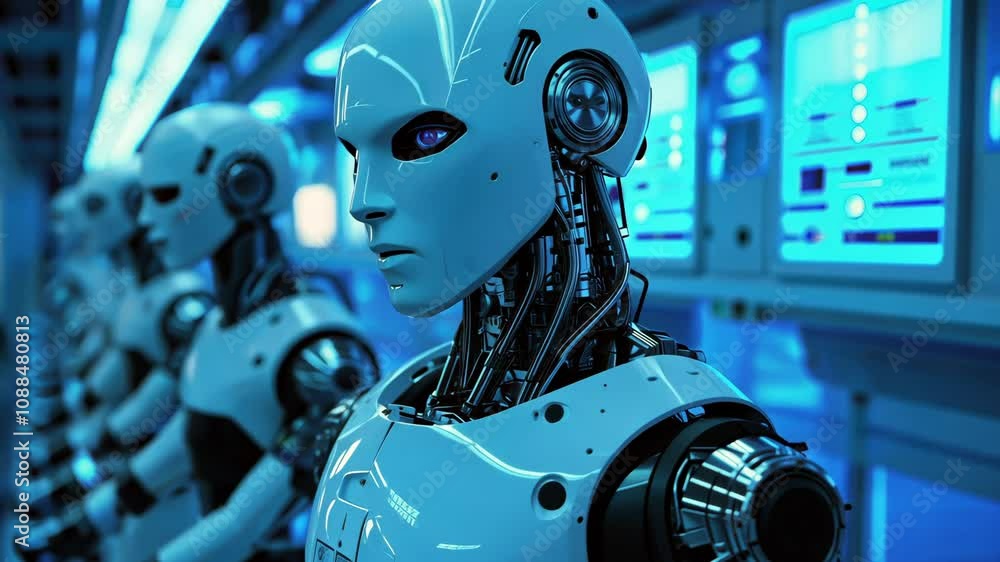 In a futuristic setting, humanoid robots are showcased in an advanced ... In a futuristic setting, humanoid robots are showcased in an advanced ...