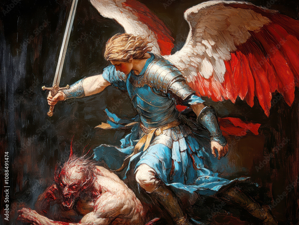 Archangel Michael in blue and red colors, with a sword drawn over a ...