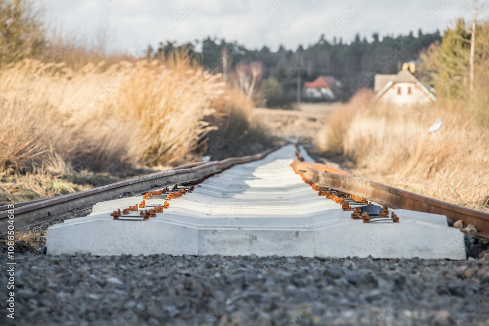 Foto de construction of a new railway line, railway sleepers, laying of ...