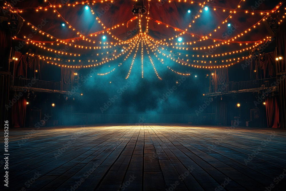 Circus arena in the light of spotlights, stage of a moving circus ...