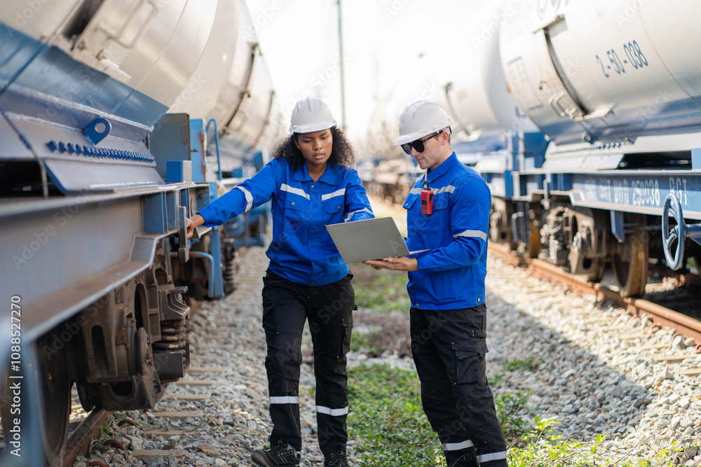 Engineer railway under checking construction process oil cargo train ...