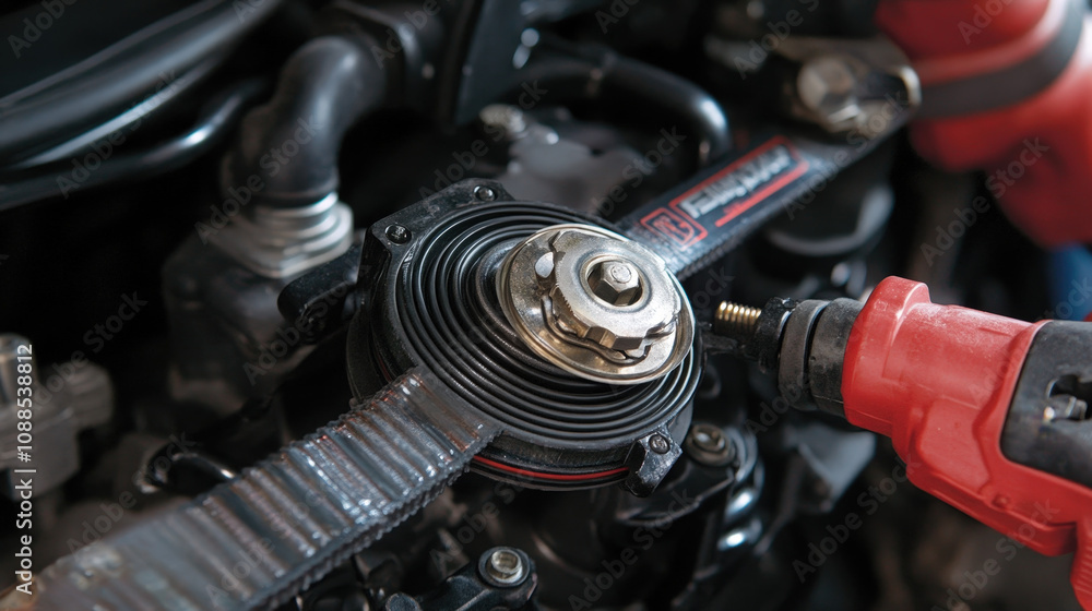 Mechanic tightening air conditioning belt in car engine, focus on belt ...