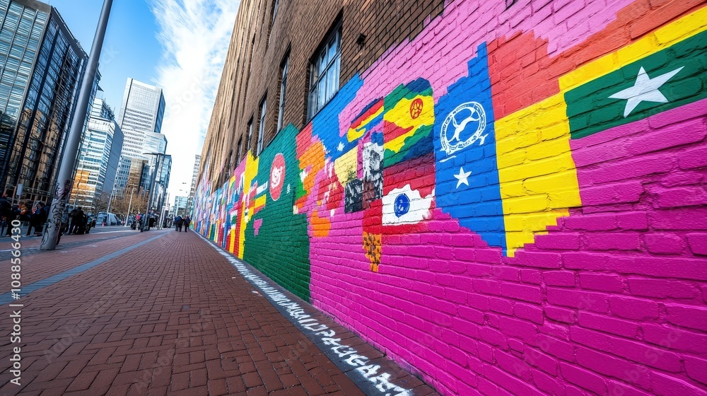 An eye-catching mural showcases a world map decorated with flags of ...