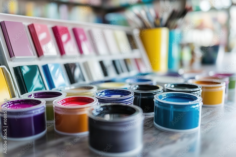 High-gloss paint samples beside an open color guide, clean workspace ...