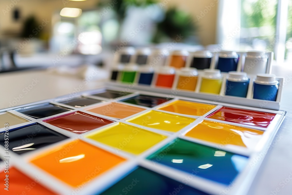 High-gloss paint samples beside an open color guide, clean workspace ...