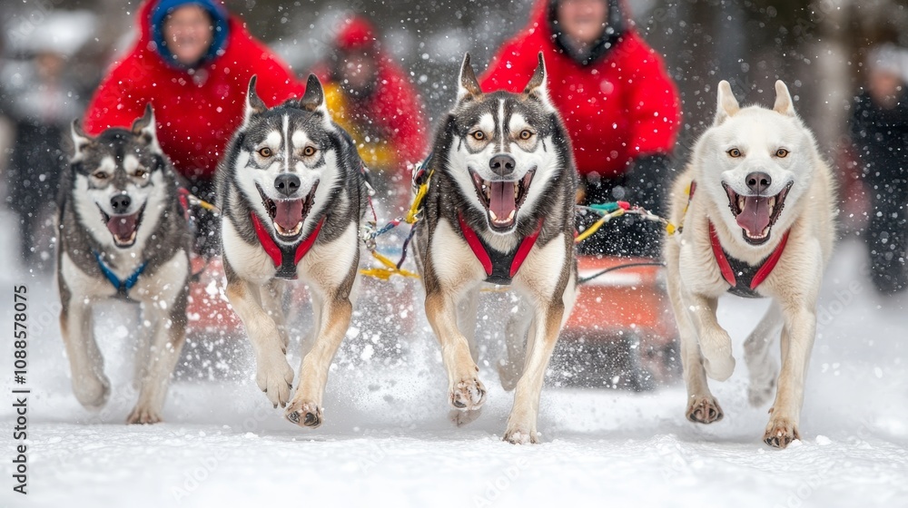 Four Siberian Huskies Pulling Sled, Dog Sledding With Team Of Dogs In ...