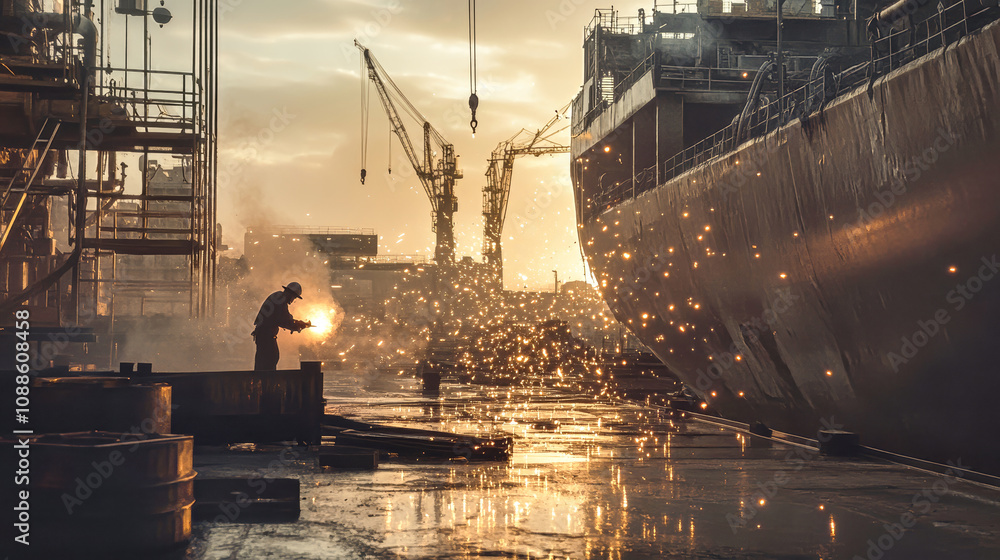 Photo & Art Print A welder works on a ship under construction in a busy ...