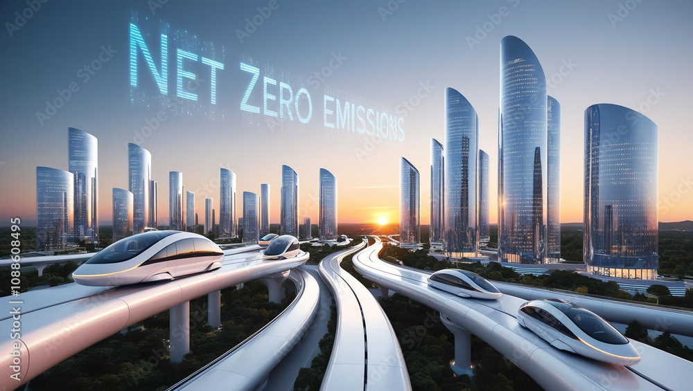 futuristic city powered by renewable energy with holographic Net Zero ...