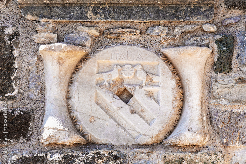 Medieval relief carving of a crest with symbolic motifs, embedded in ...