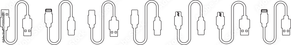 USB cable port icon set. USB type C A lightning and micro usb mobile ...