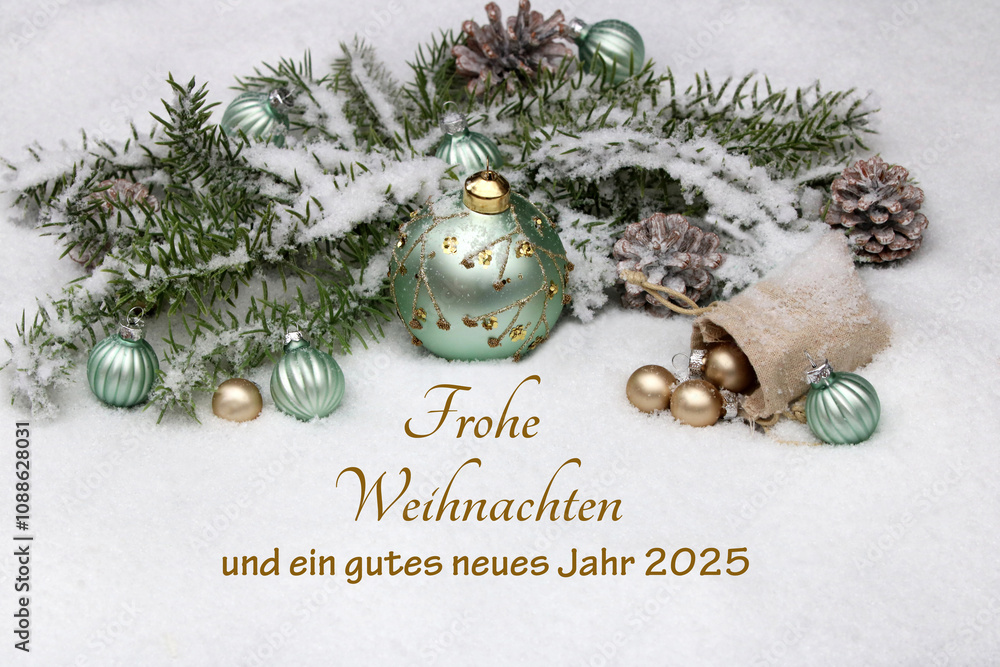 Weihnachtskarte: Weihnachtsgrüße mit Weihnachtsschmuck im Schnee ...