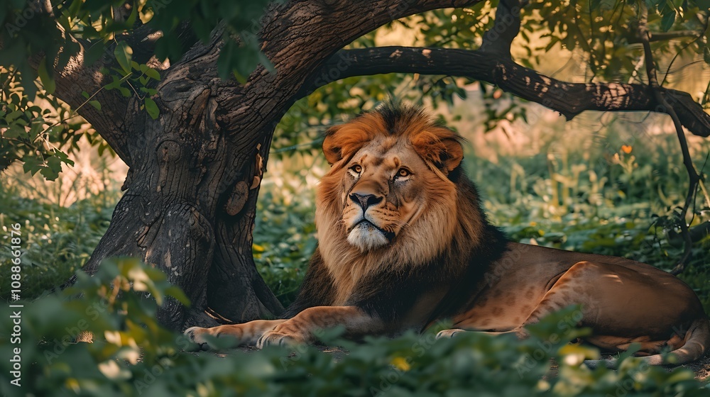 A majestic lion resting under a tree in a lush green forest, captured ...