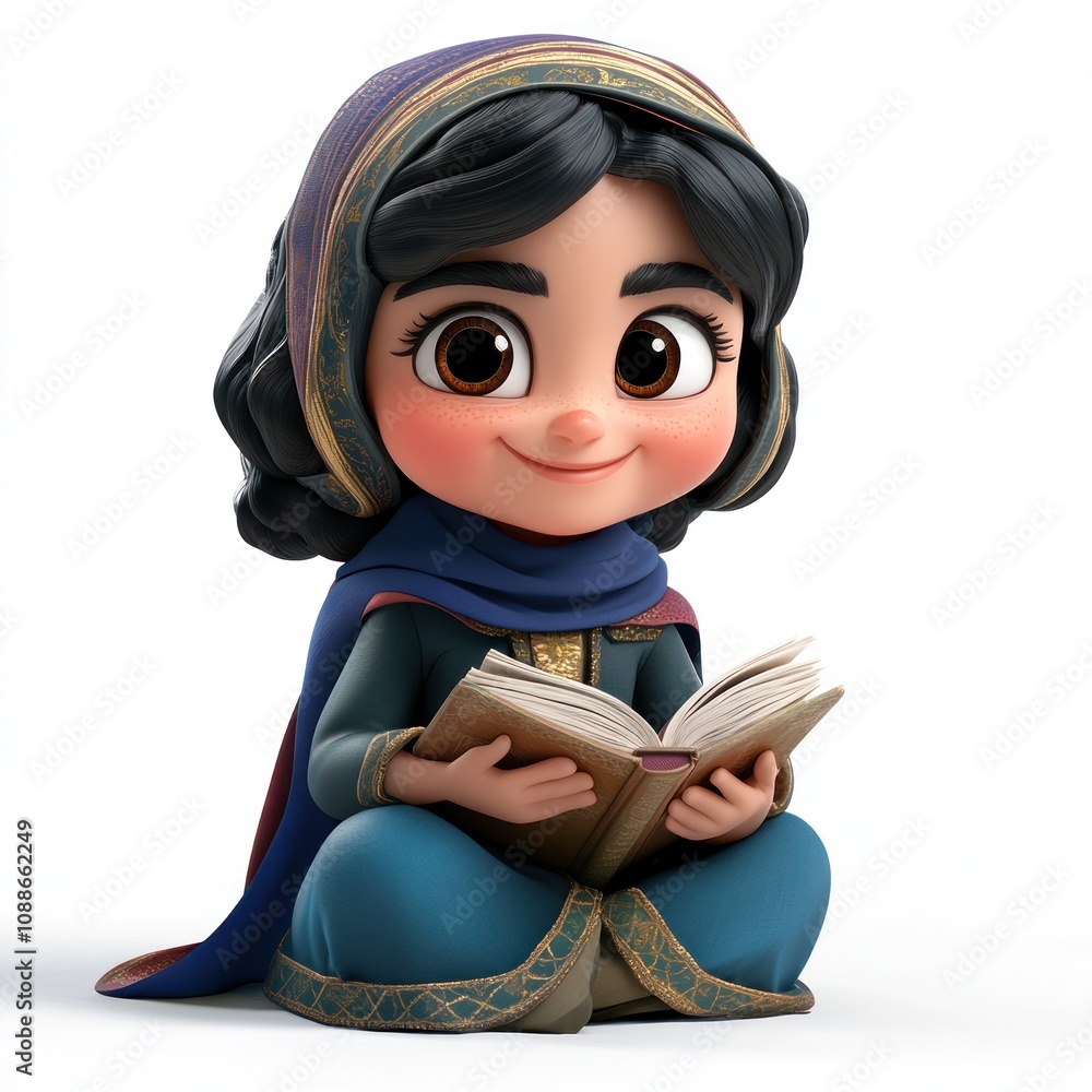 A cute cartoon girl in traditional Middle Eastern clothing sits on the ...
