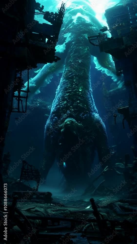 A gigantic, glowing sea monster emerging from the dark ocean depths ...