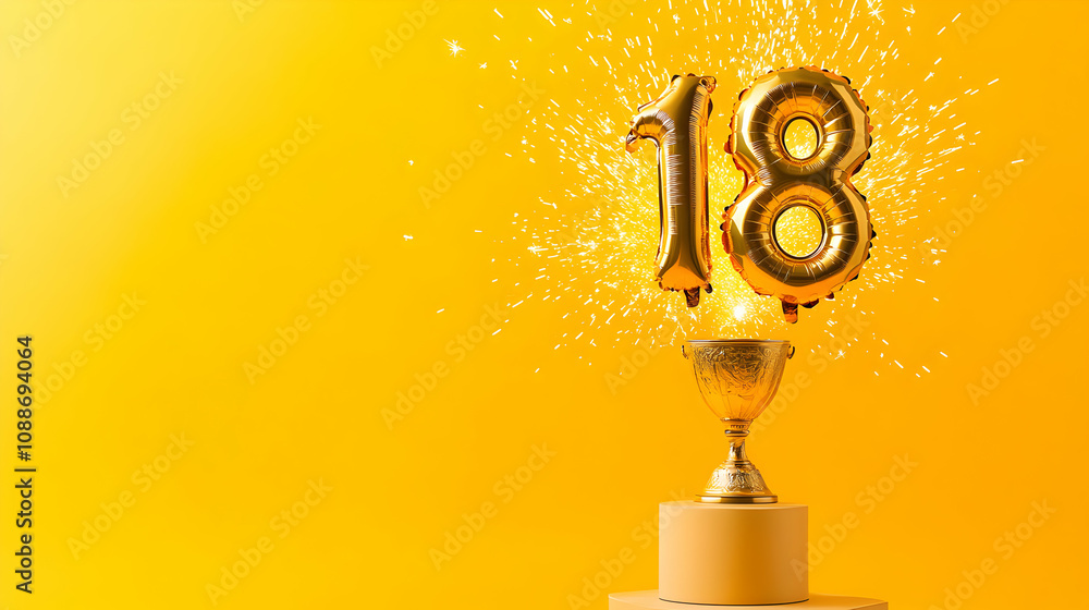 Golden Number 18 Balloons Exploding with Sparkles Above a Trophy on a ...