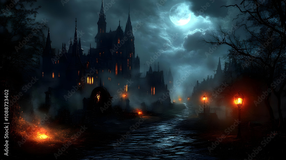 Dark Gothic Castle Night Scene: Moonlit Pathway, Mysterious ...