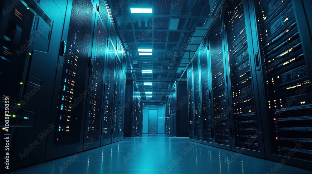 Data center interior with racks of servers storing raw data in a ...