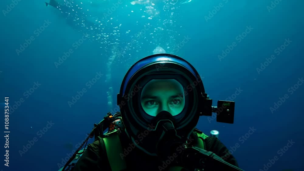 A diver in a high-tech diving suit examines instruments, surrounded by ...