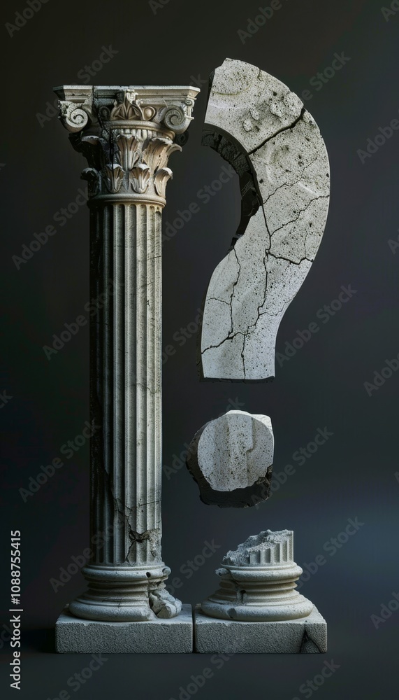 Artistic depiction of a stone question mark breaking classical columns ...