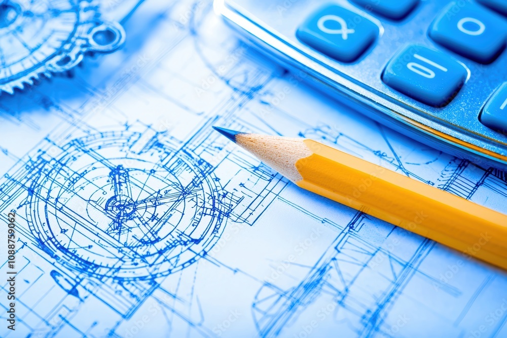 Blueprint Background with Engineering Drawings, Pencil, and Calculator ...