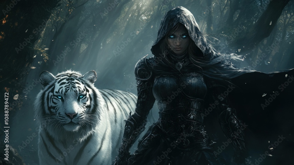 A female knight assassin wearing dark armor and a hooded cloak ...