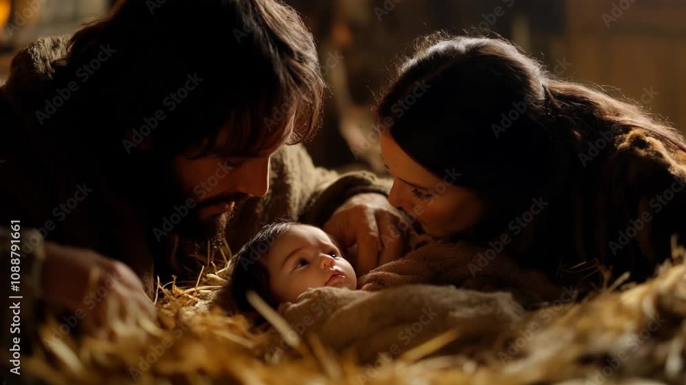 Joseph and Mary surround Jesus in the manger when he is a baby. vídeo ...